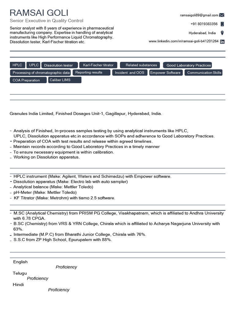 Ramsai Resume QC 8years | PDF | High Performance Liquid Chromatography | Chemistry