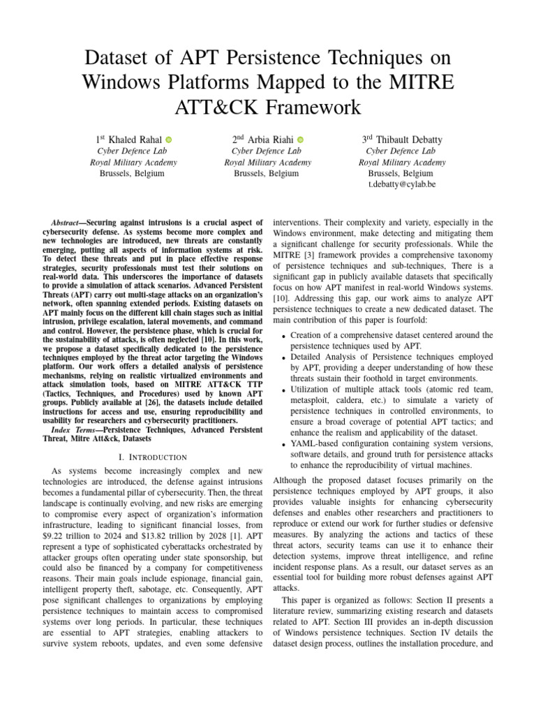 2025 Dataset of Apt Persistence Techniques On Windows Platforms Mapped To The Mitre Attck ...