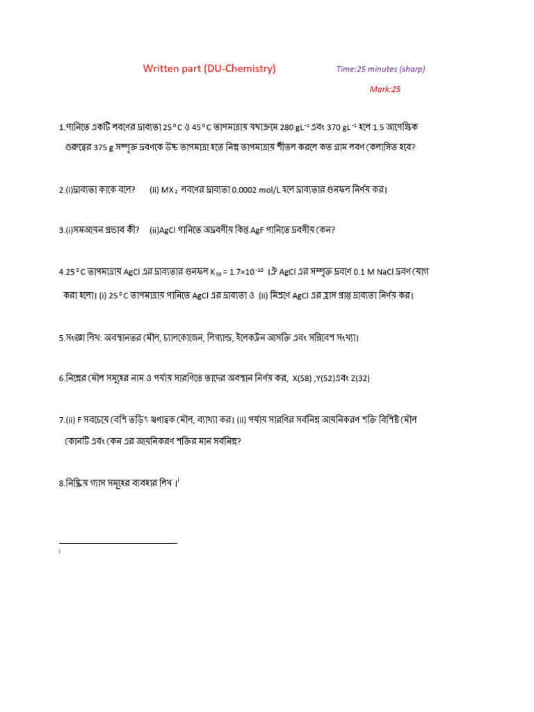 Written Part (DU-Chemistry) : 1. 25 C 45 C 280 GL 370 GL 1.5 375 G ? | PDF
