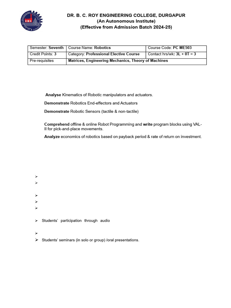 Robotics Syllabus for B.Tech ME | PDF | Kinematics | Robot