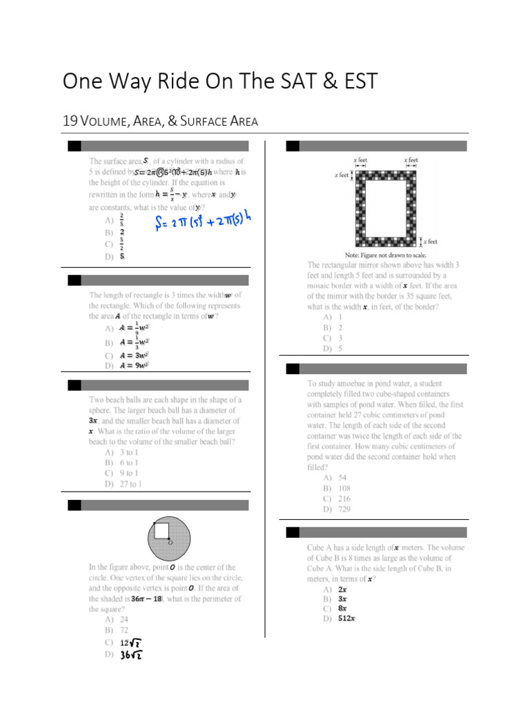 One Way Ride On The SAT & EST (Volume, Area, & Surface Area) | PDF ...