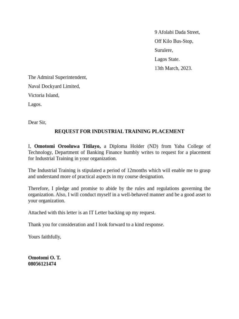 Request For Industrial Training Placement | PDF