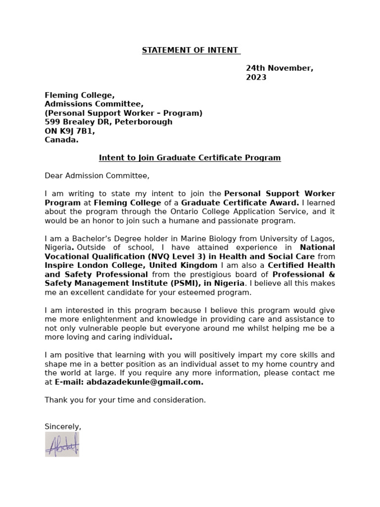 Statement of Intent | PDF