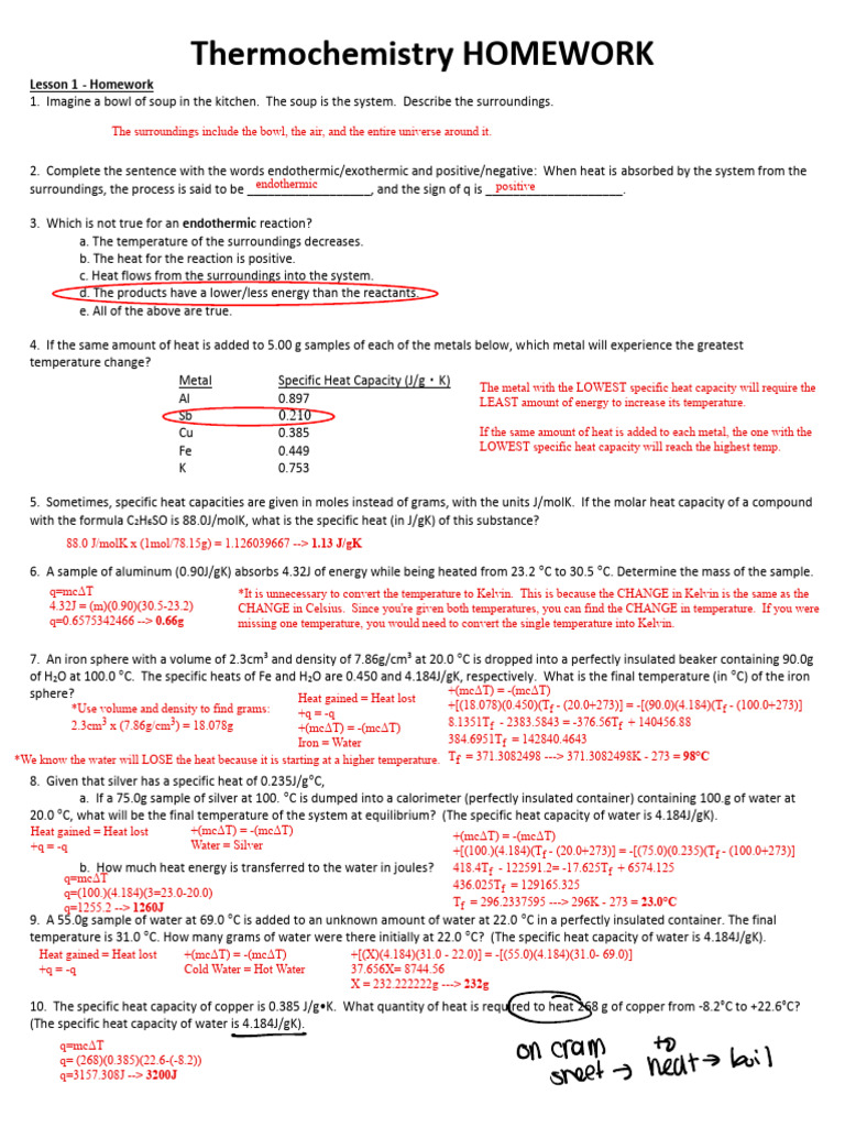 Thermochemistry Homework KEY | PDF | Applied And Interdisciplinary ...