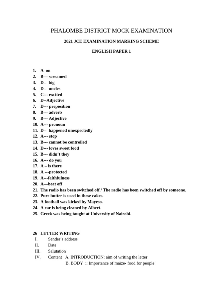 2021 Jce Eng Mock Marking Key | PDF | Syntax | Linguistic Morphology