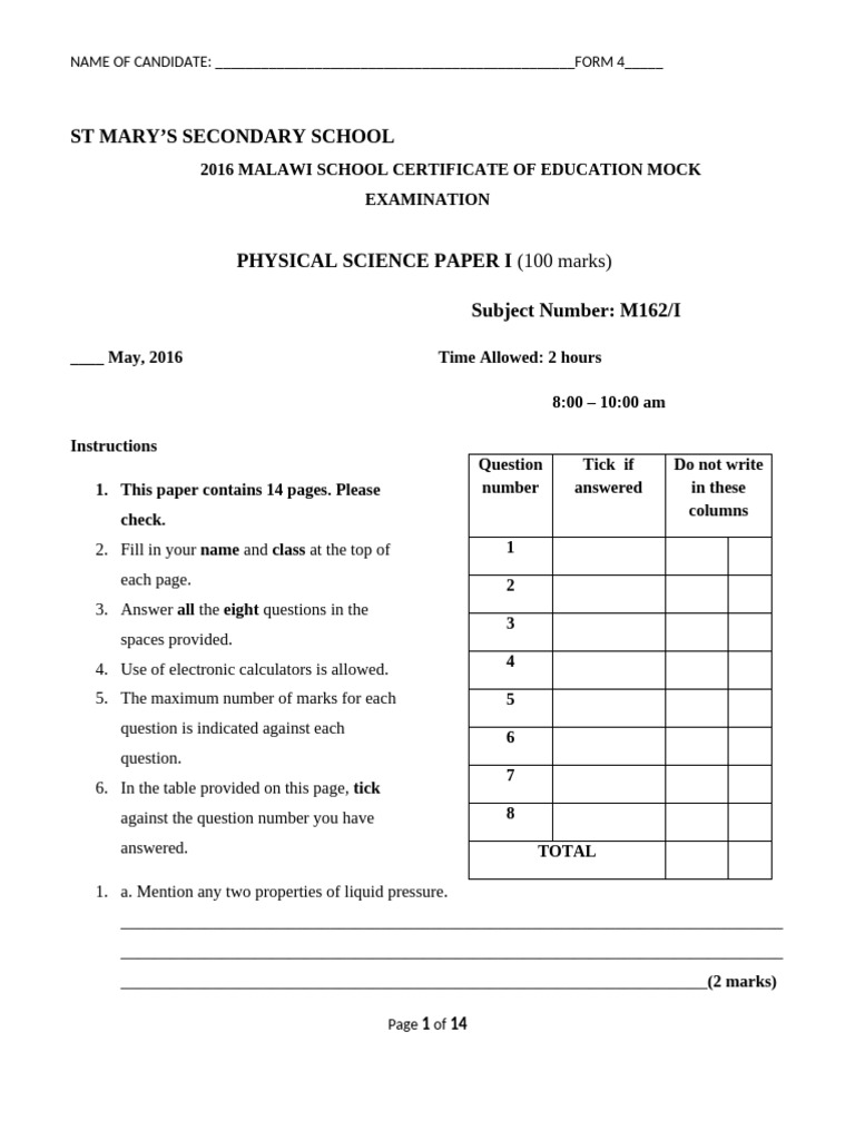 2016 ST Mary's Msce Mock Paper I-1-1 | PDF | Nitrate | Zinc