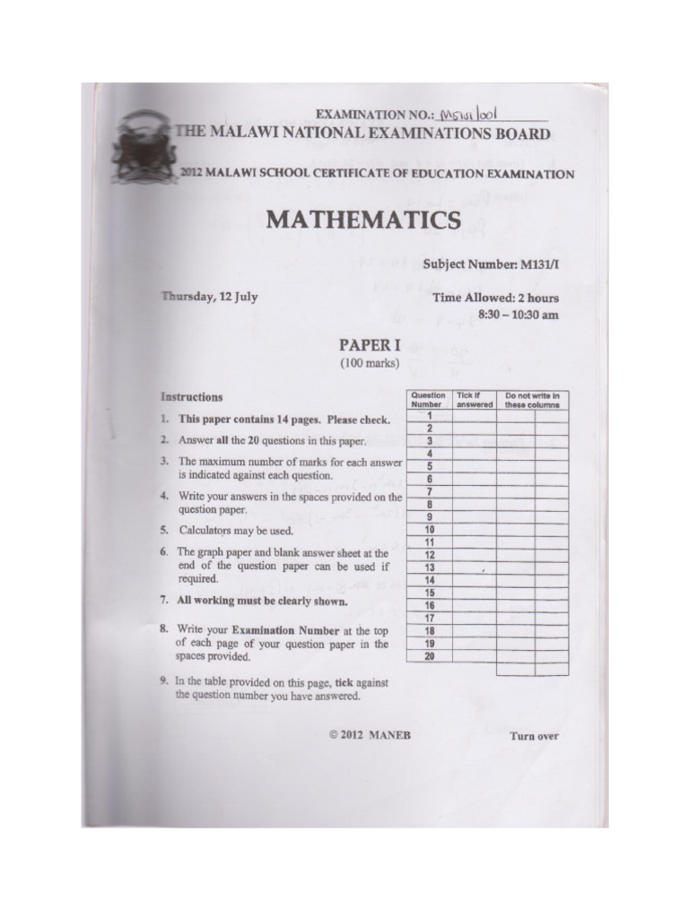 2012 Mathematics Paper I | PDF