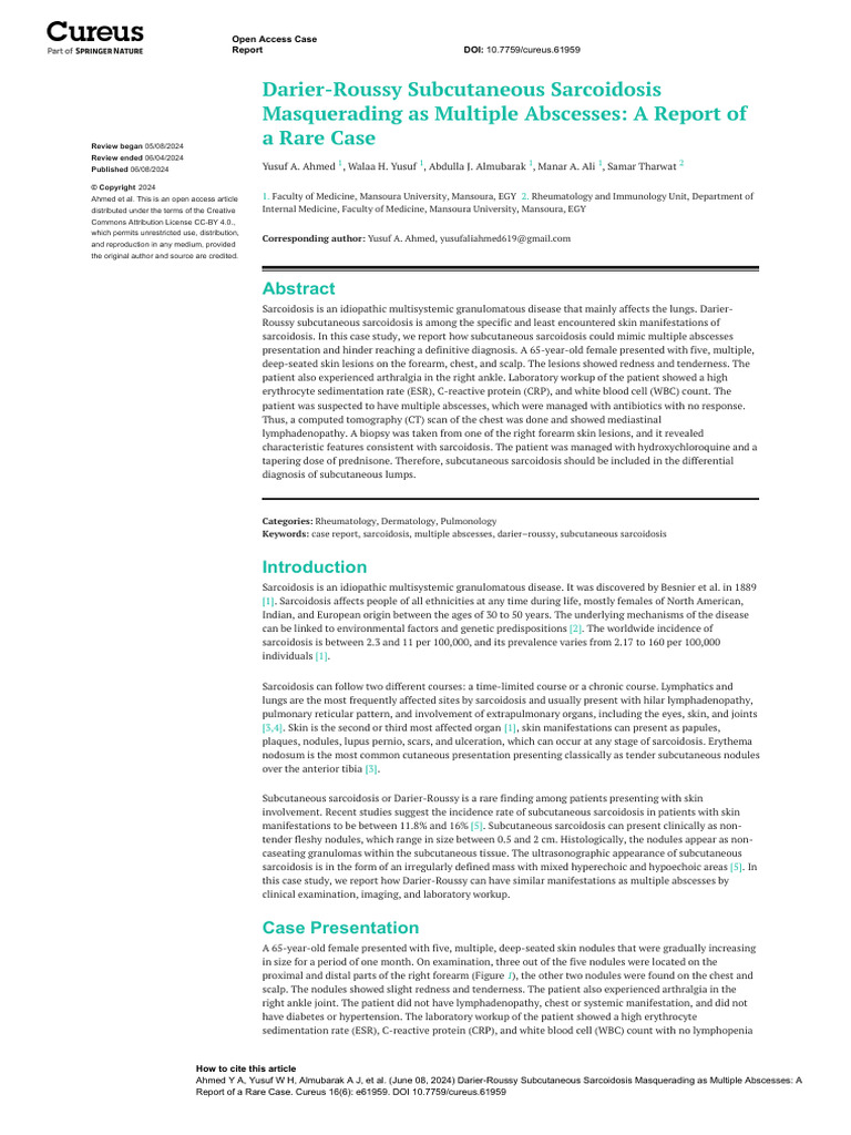 Darier Roussy Subcutaneous Sarcoidosis Masquerading as Multiple ...