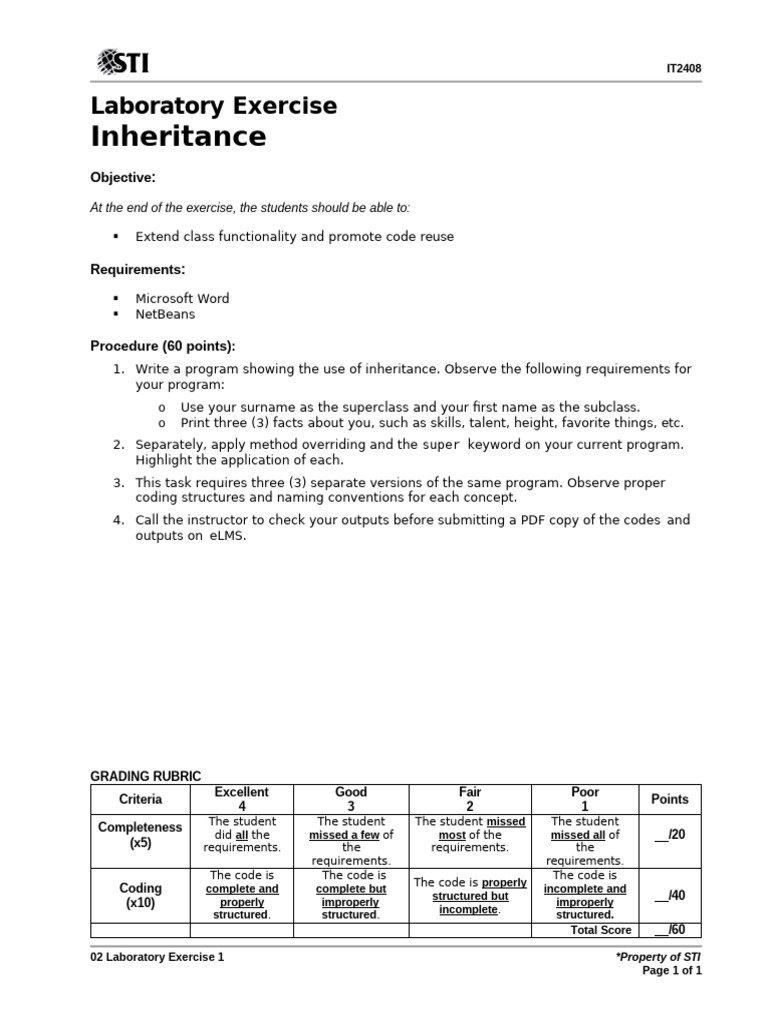 02 Laboratory Exercise 1 | PDF | Inheritance (Object Oriented Programming) | Object Oriented ...