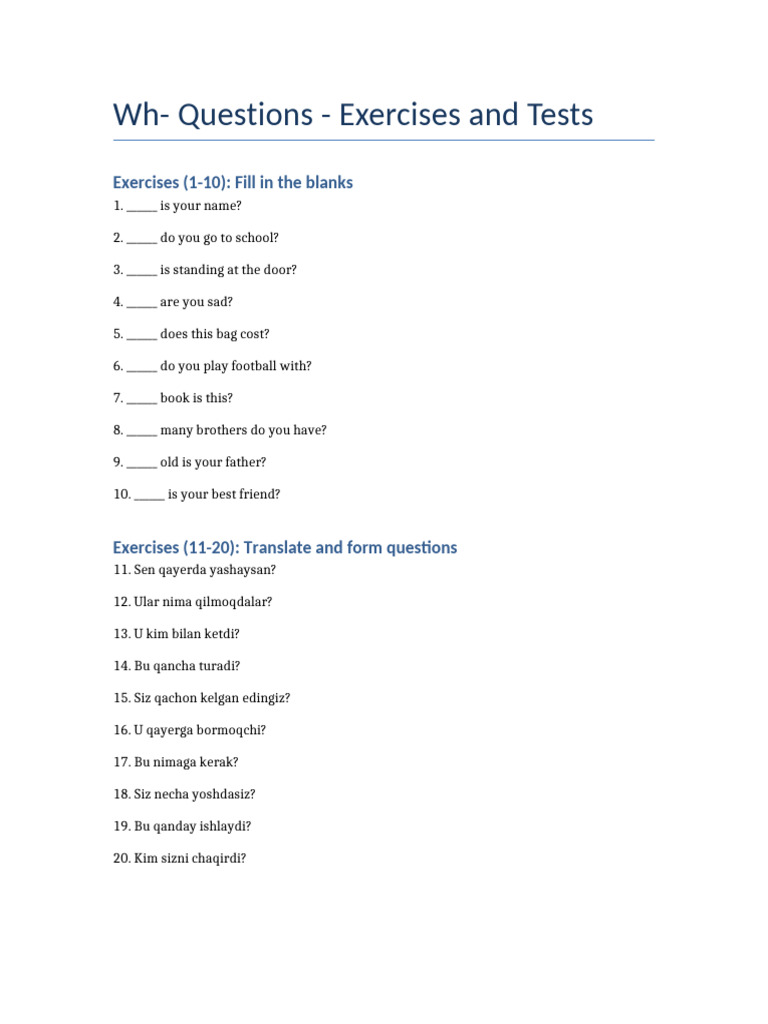WH Questions Exercises Tests | PDF | Noun | Plural