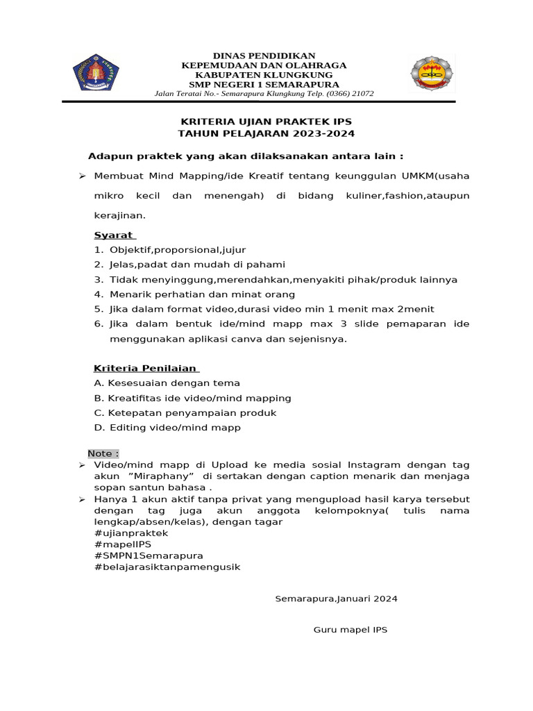 Kriteria Ujian Praktek IPS 2023-2024 | PDF