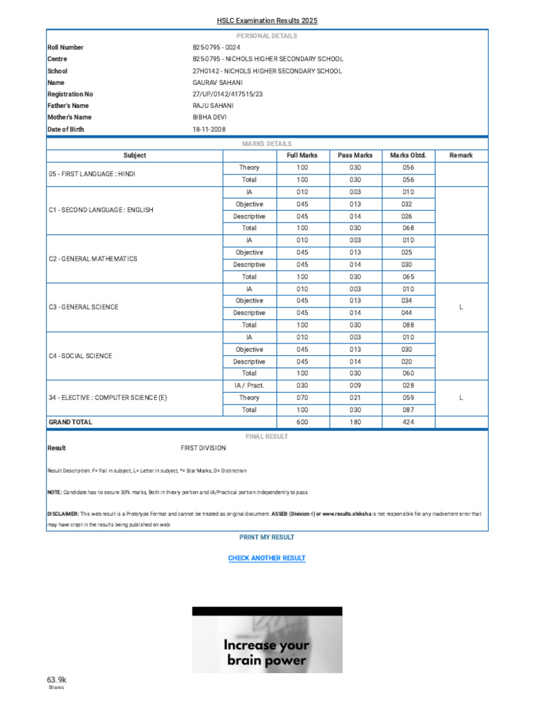 YOUR MARKSHEET - Assam HSLC Result 2025.PDF | PDF