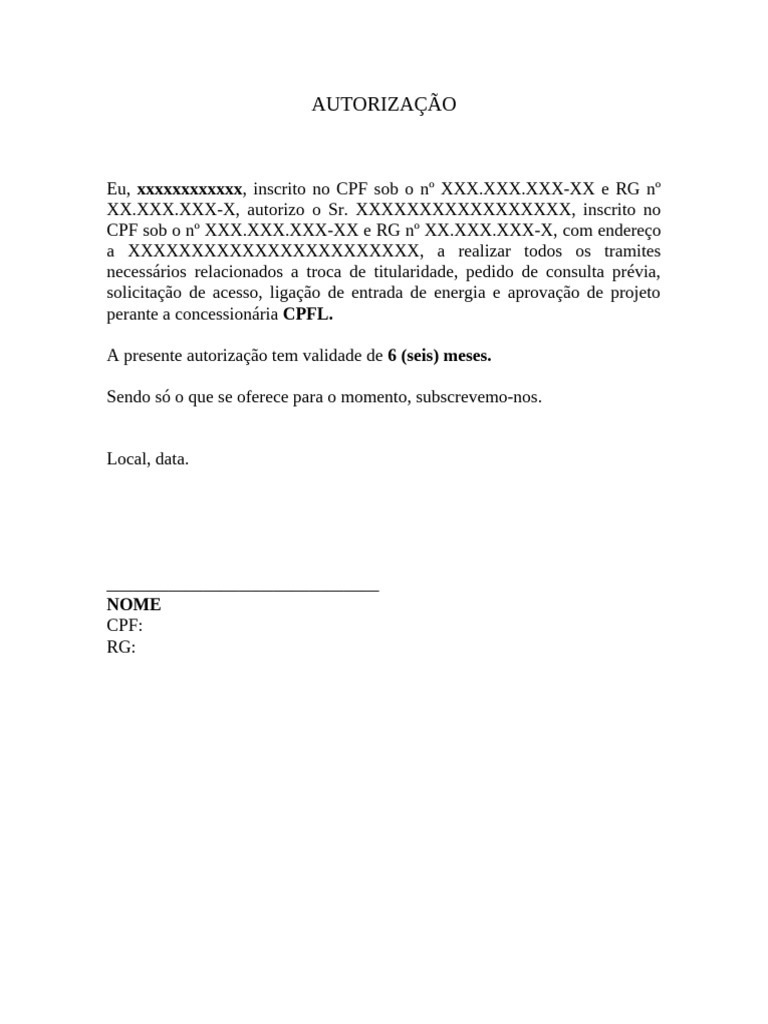 Modelo Carta De Autoriação Cpfl Pdf