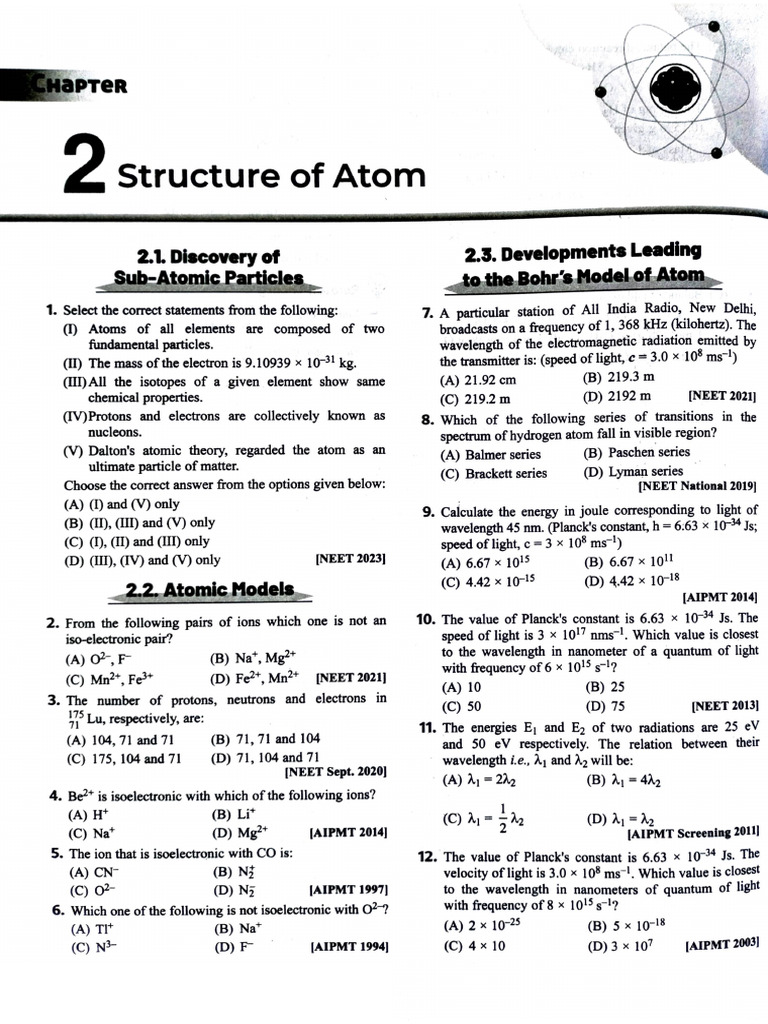 NEET Previous Year's Questions ATOMIC STRUCTURE | PDF