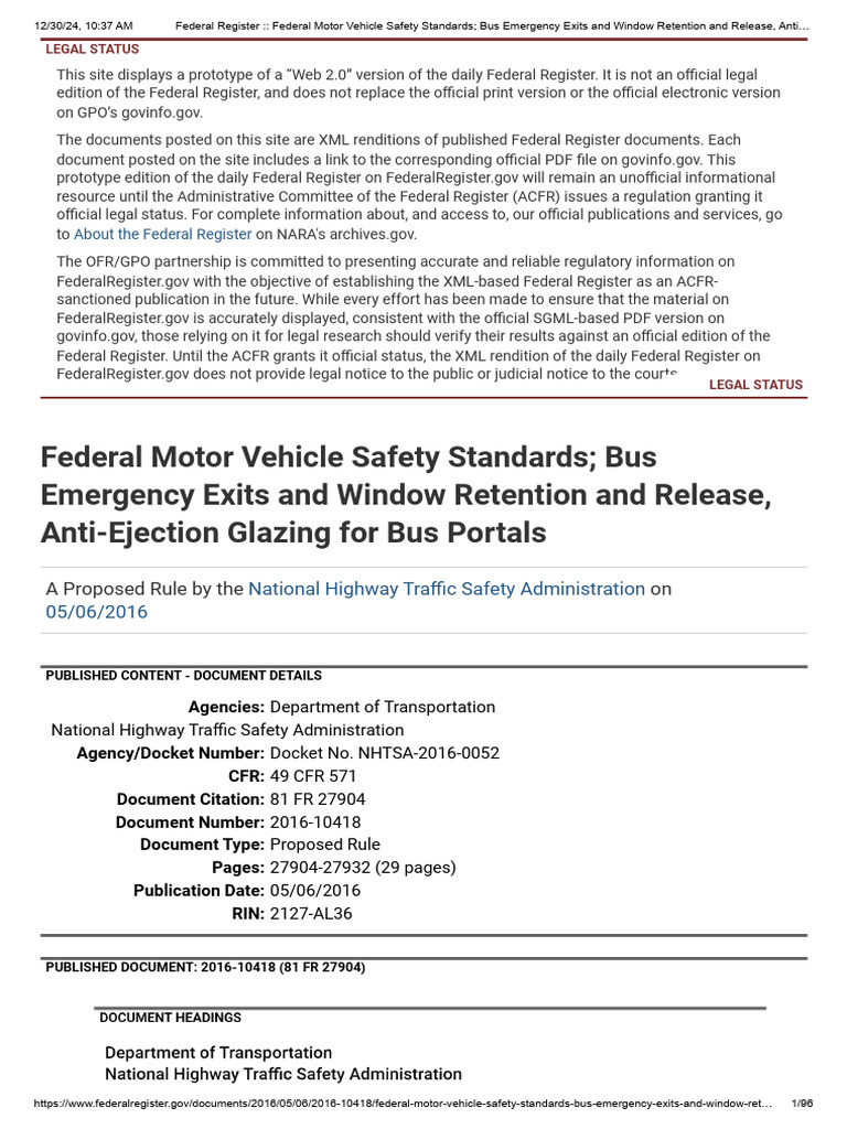 Federal Register - Federal Motor Vehicle Safety Standards Bus Emergency ...