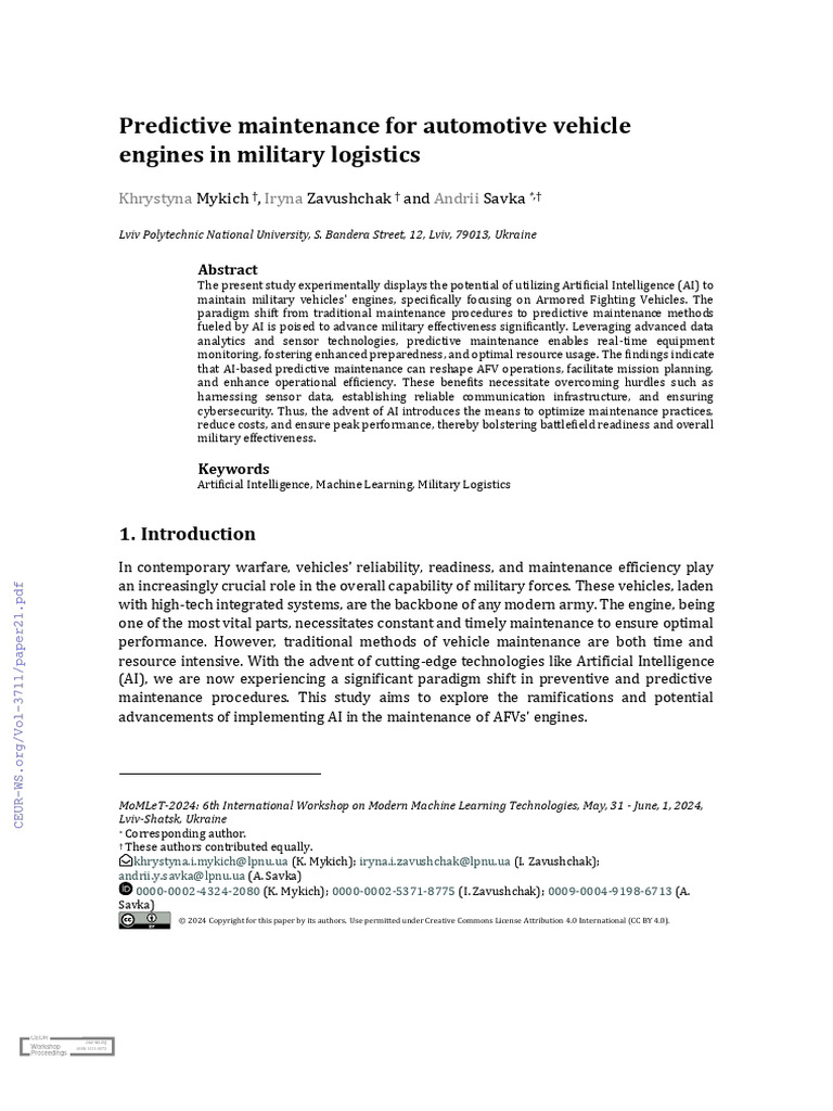 Predictive maintenance for automotive vehicle engines in military ...