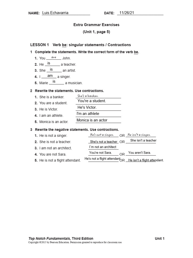 UNIT 01 Extra Grammar Exercises | PDF | Plural | Morphology
