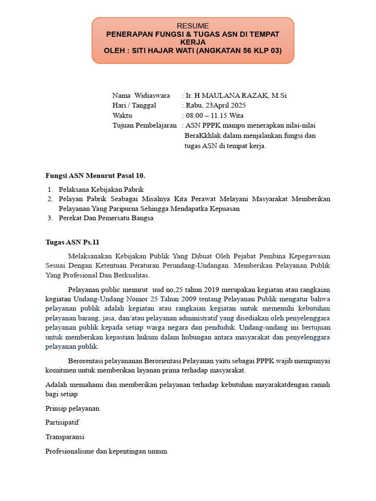 Resume Penerapan Fungsi & Tugas ASN | PDF