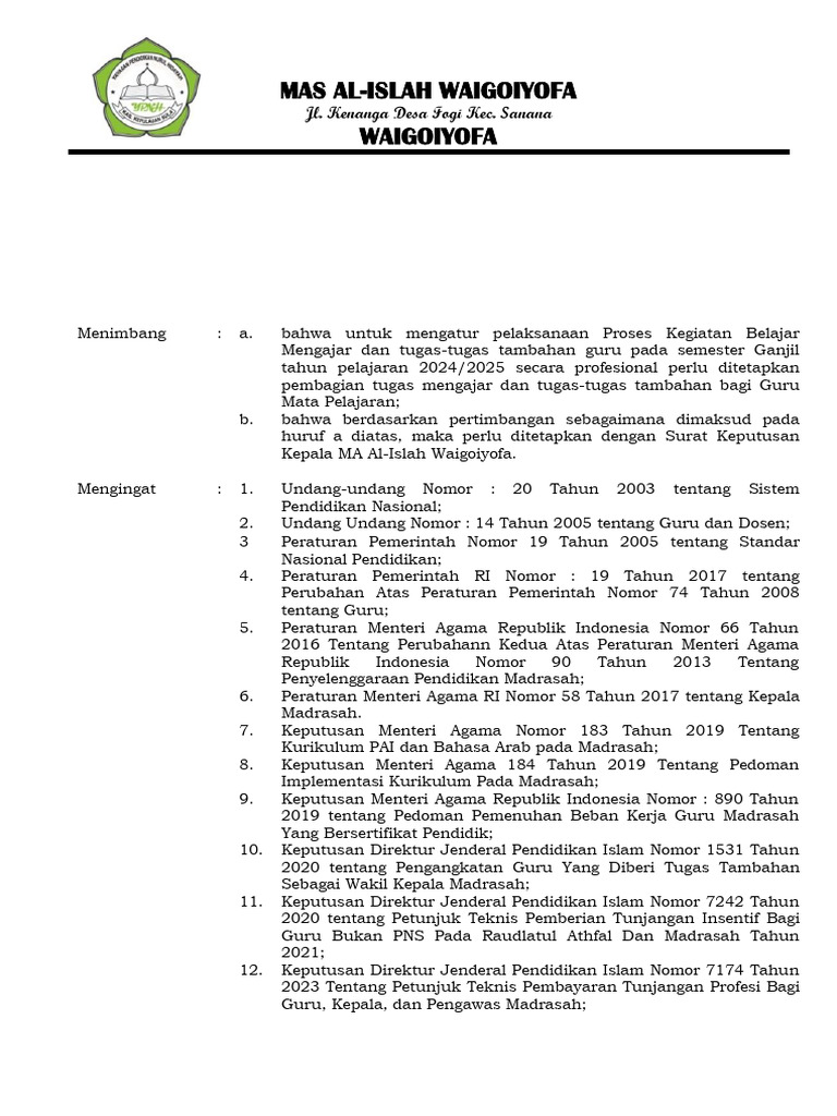 SK Pembagian Tugas KBM & Tugas Tambahan - I TP. 2024-2025 | PDF