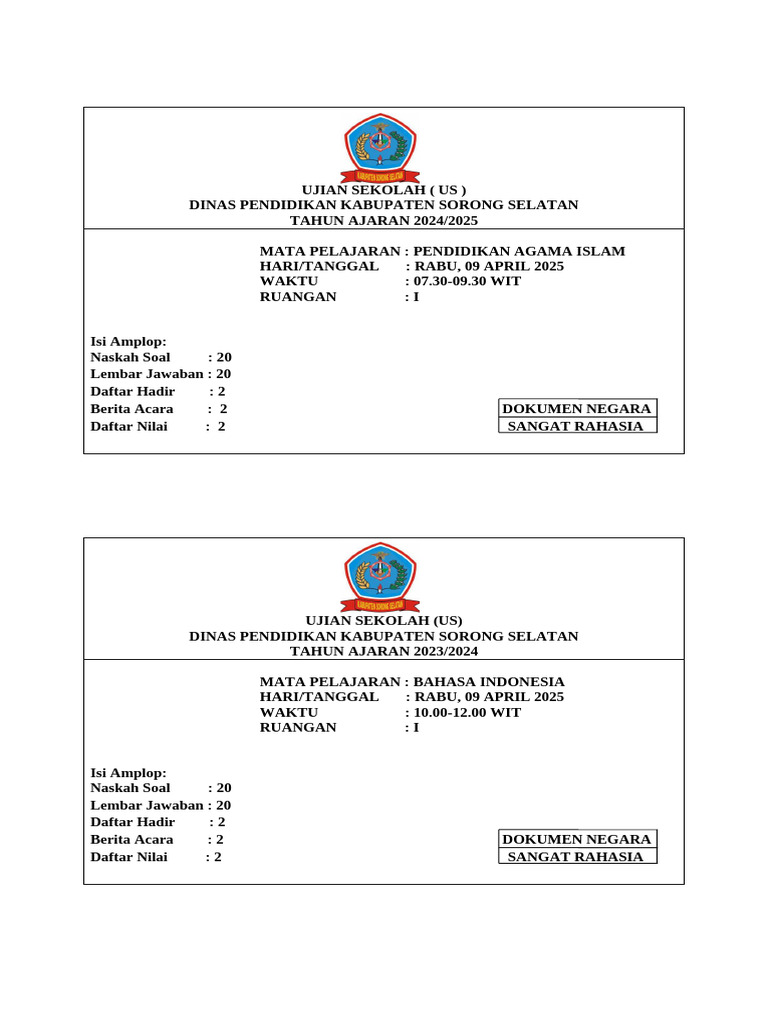 Contoh Amplop Ujian Sekolah 2025 | PDF