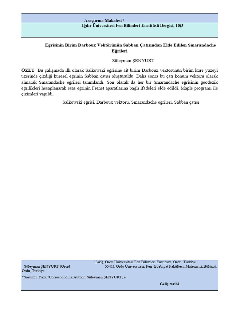 Salkowski Eğrisinin Birim Darboux Vektörünün Sabban Çatısından Elde ...