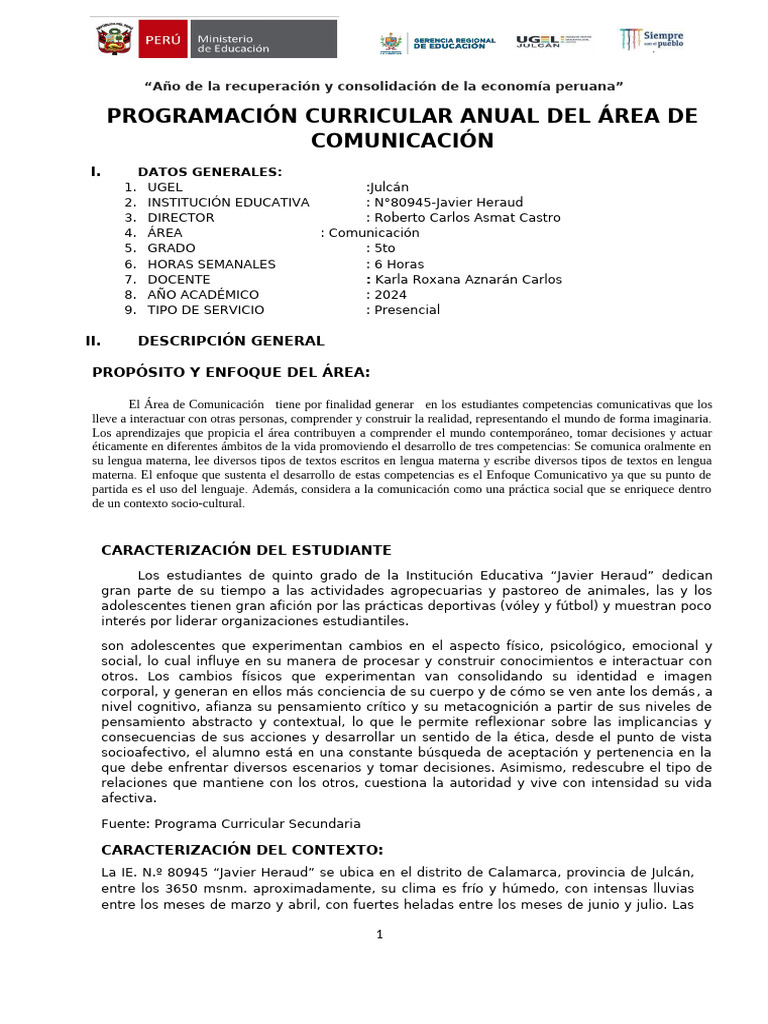 PROGRAMACIÓN CURRICULAR ANUAL DEL ÁREA DE COMUNICACIÓN 5to-20125 | PDF | Evaluación | Aprendizaje