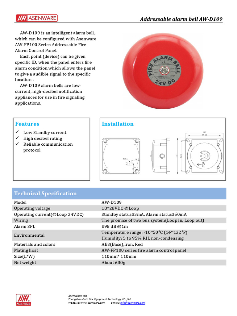 AW-D109 Addressable Bell Datasheet - 20211119 | PDF