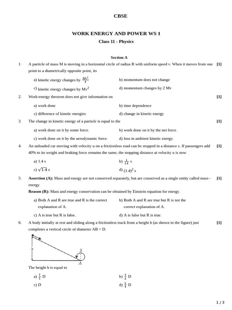 Work Energy and Power WS 1 (Notions of Work and Kinetic Energy The Work ...