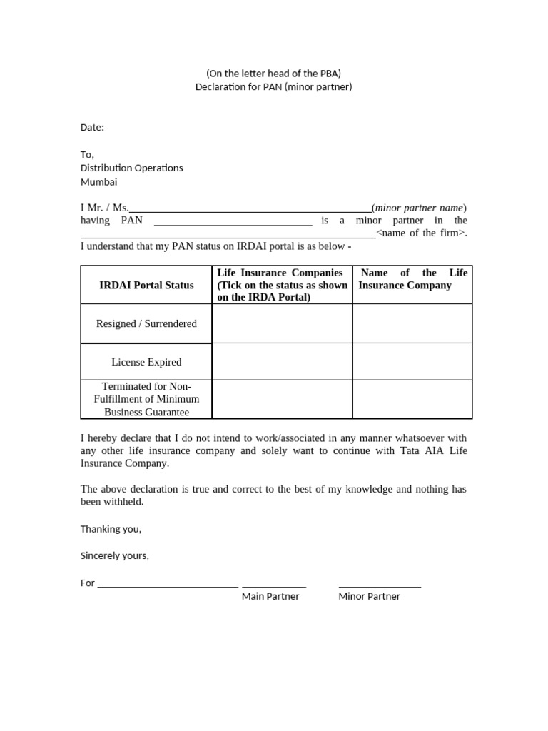 Declaration for PAN (minor partner) (1) | PDF