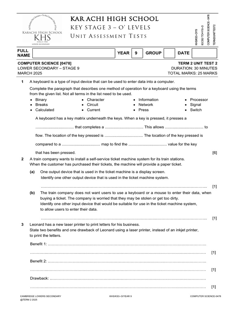 21 Ks3-O Y9-O Computer Science Unit Test t2 U2 Mar 2025 SK v1 | PDF ...