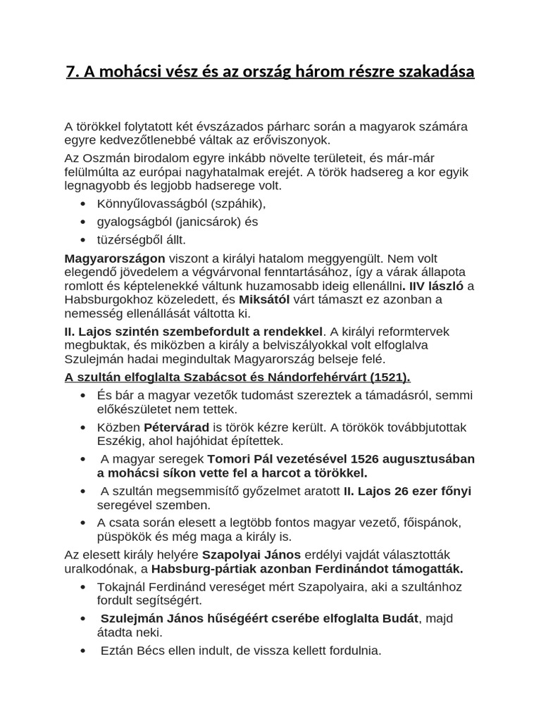 7 Tétel A Mohácsi Vész És Az Ország Három Részre Szakadása | PDF