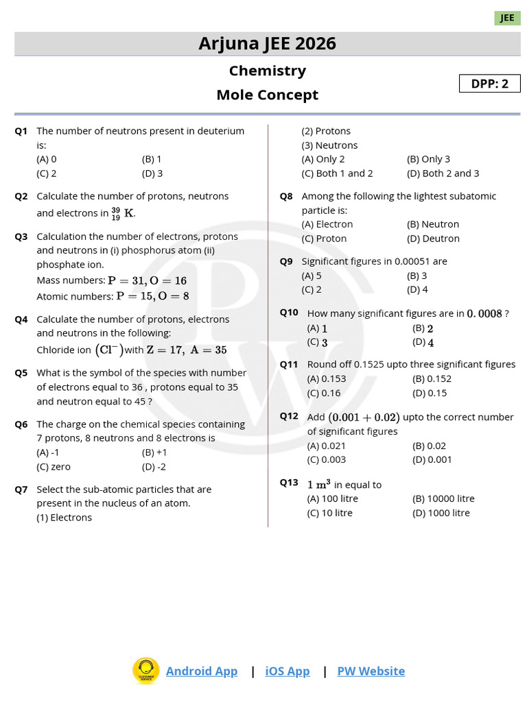 Mole Concept - DPP 02 (Of Lec 05) | PDF | Proton | Neutron