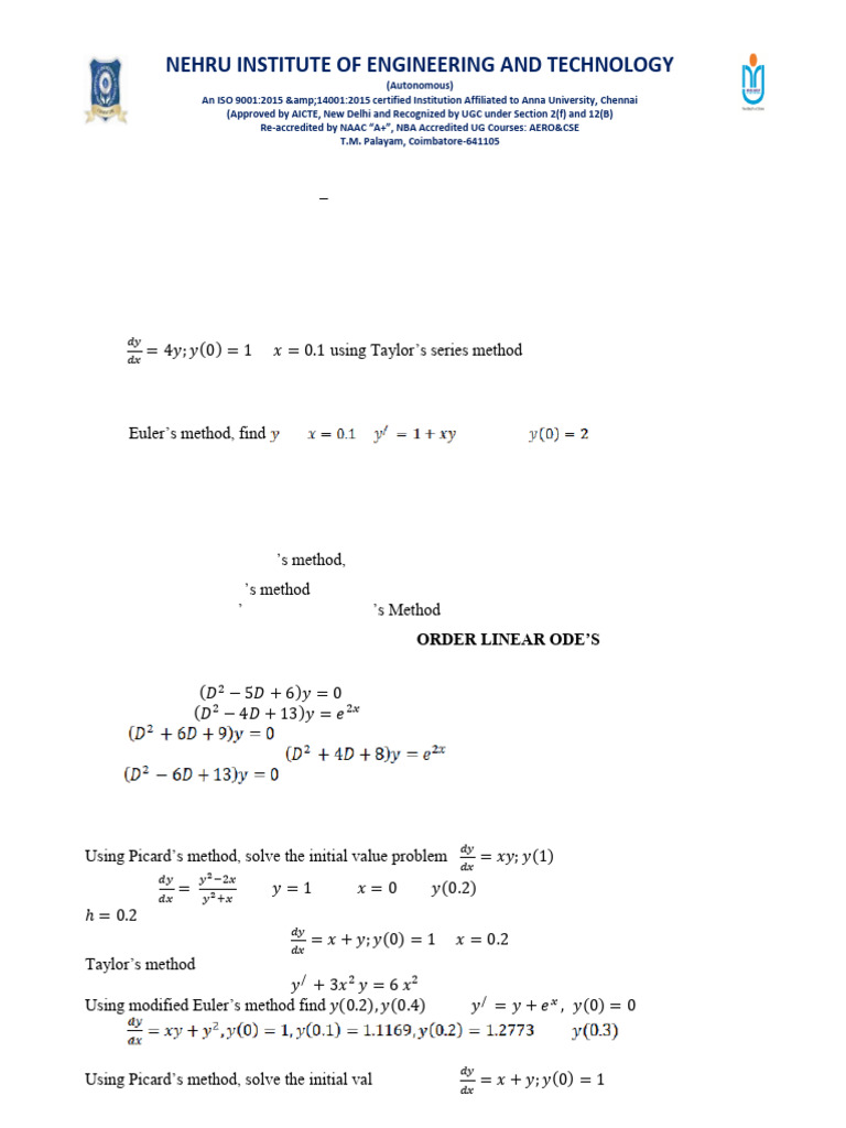 EM-1 - Review Equestions IAT-I 2024-25 | PDF | Ordinary Differential ...