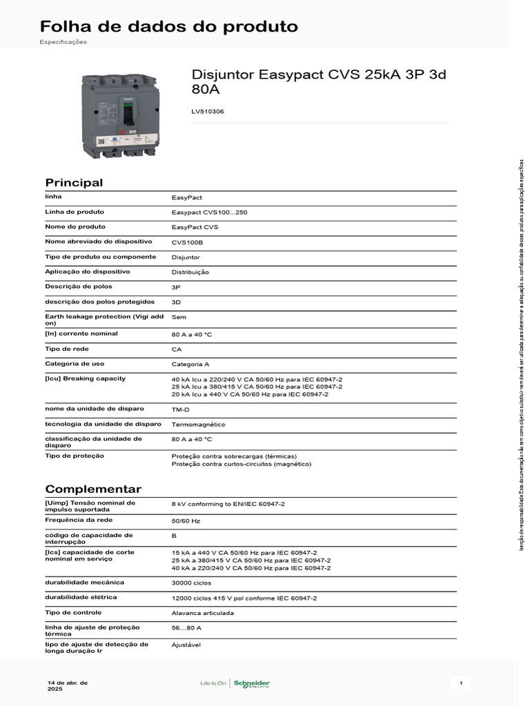 Schneider Electric Disjuntores-EasyPact-CVS LV510306 | PDF