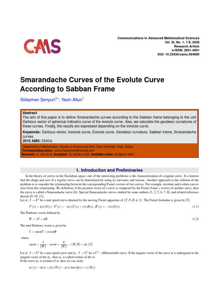 Smarandache Curves of The Evolute Curve According To Sabban Frame | PDF | Curvature | Manifold