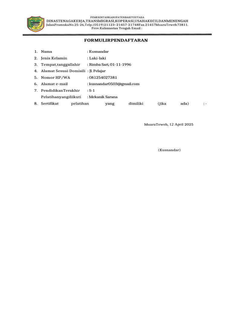 Formulir Pendaftaran Kusnandar 2025 | PDF