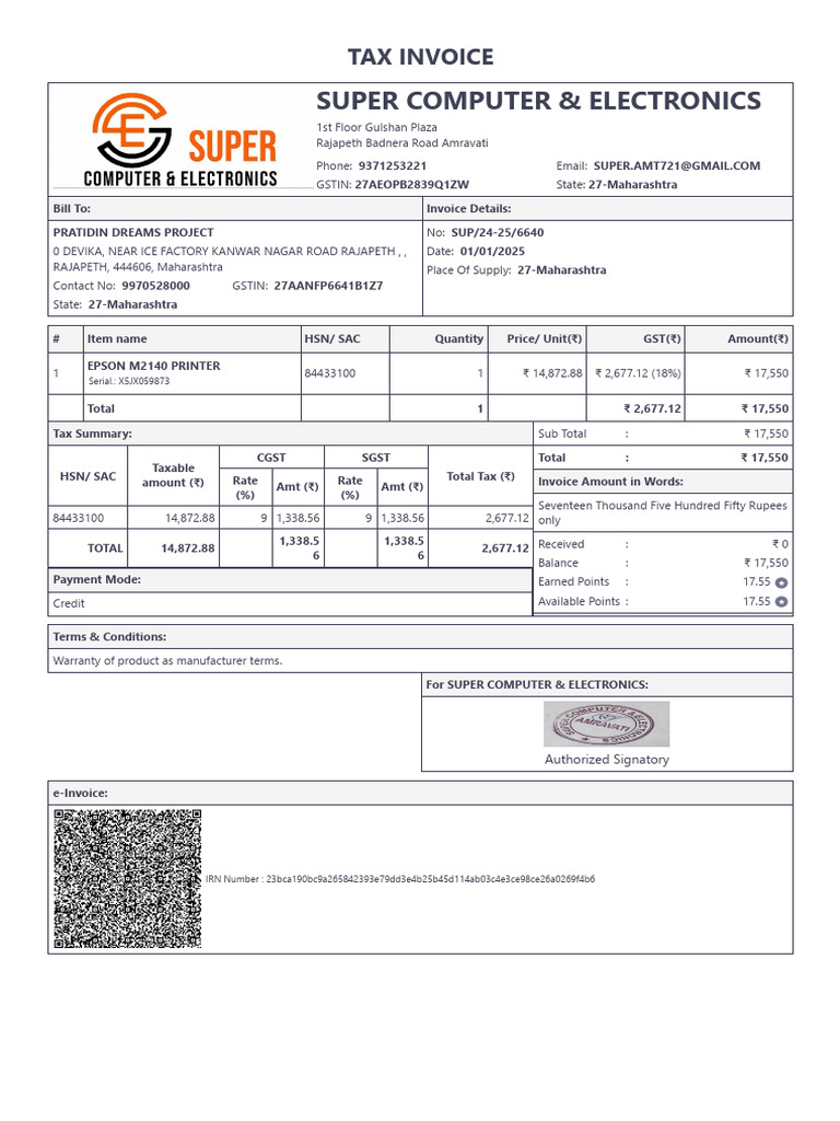Tax Invoice for Epson Printer Sale | PDF | Public Finance | Payments