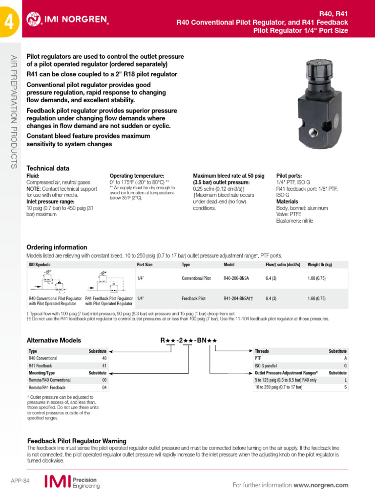 R40 Pilot, R41 Feedback Pilot Regulators | PDF | Valve | Mechanical ...