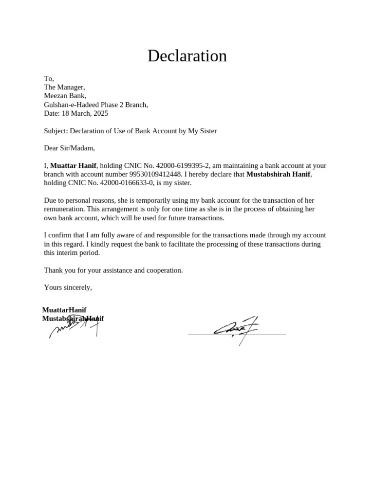 Sister's Bank Account Declaration Letter | PDF