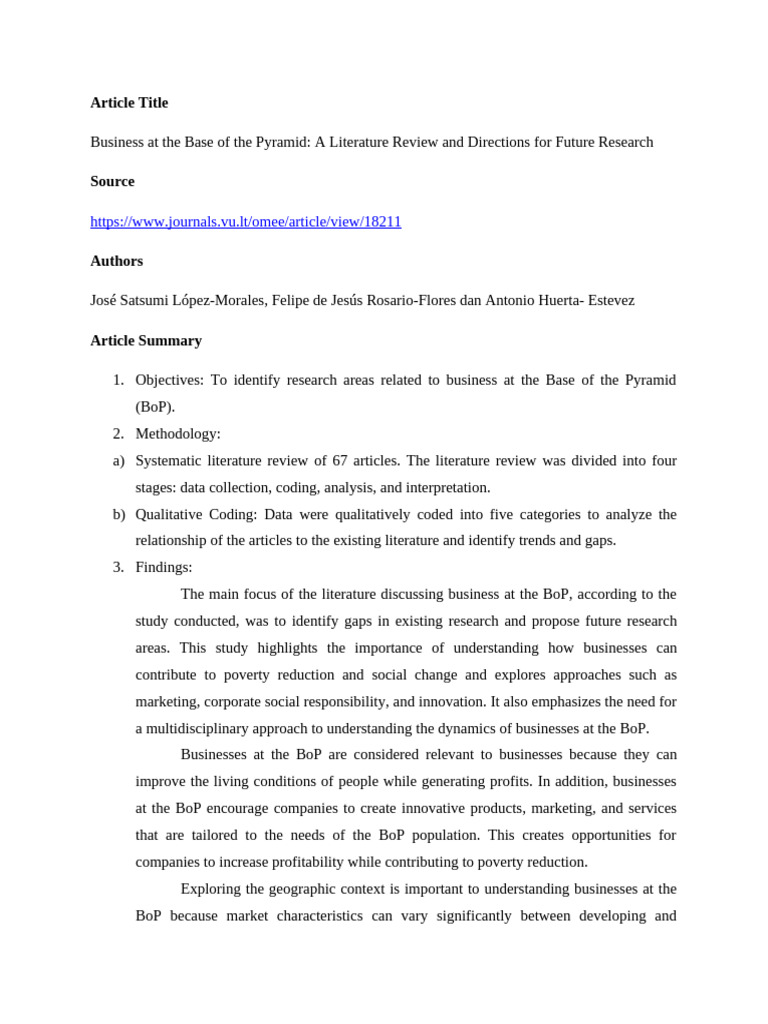 Business at the Base of the Pyramid Insights | PDF | Methodology