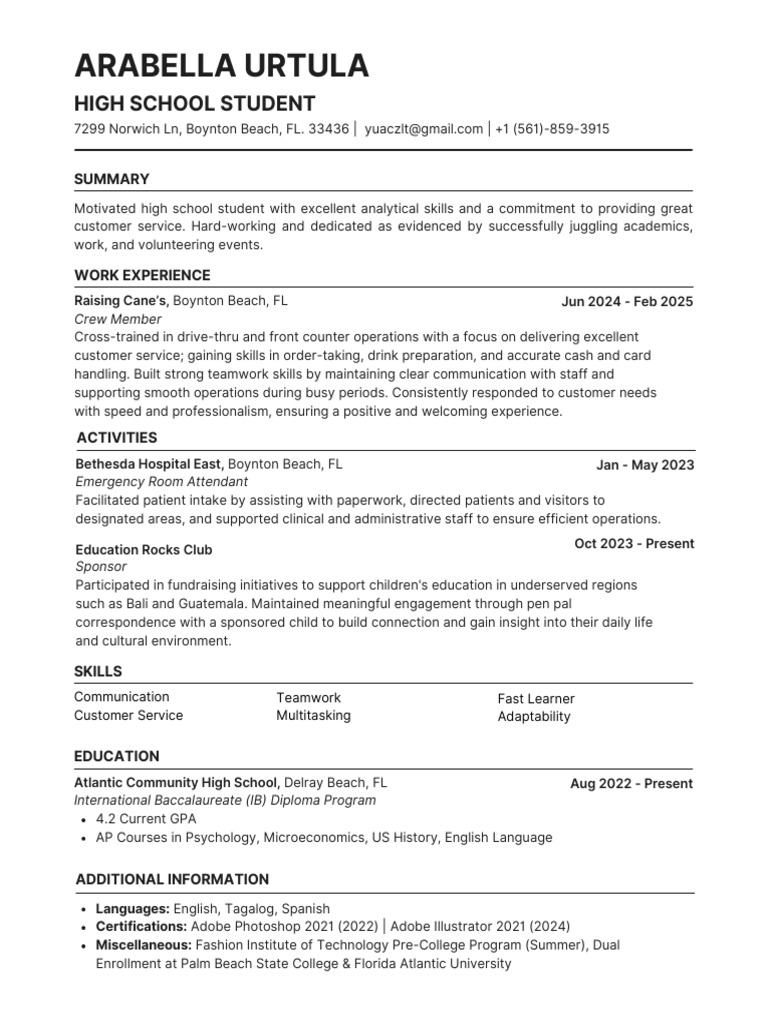 Arabella Urtula: High School Student | PDF