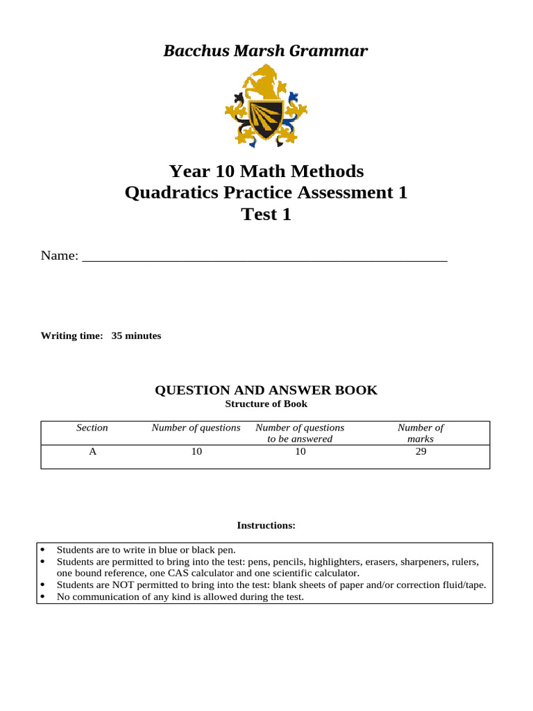 1 - Quadratics Practice Assessment 1 - Test 1 | PDF | Area | Coordinate ...
