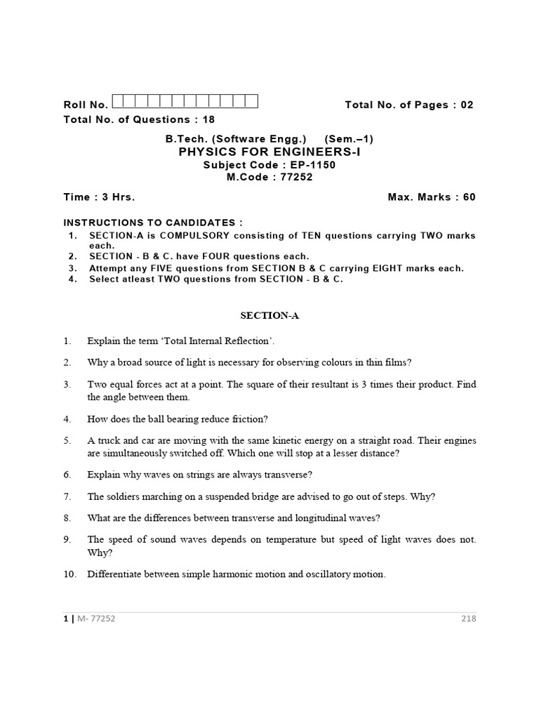 Btech 1 Sem Physics For Engineers 1 77252 Dec 2020 | PDF | Force | Oscillation