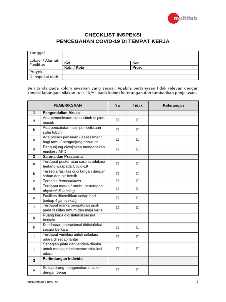Checklist Inspeksi COVID-19 Tempat Kerja | PDF
