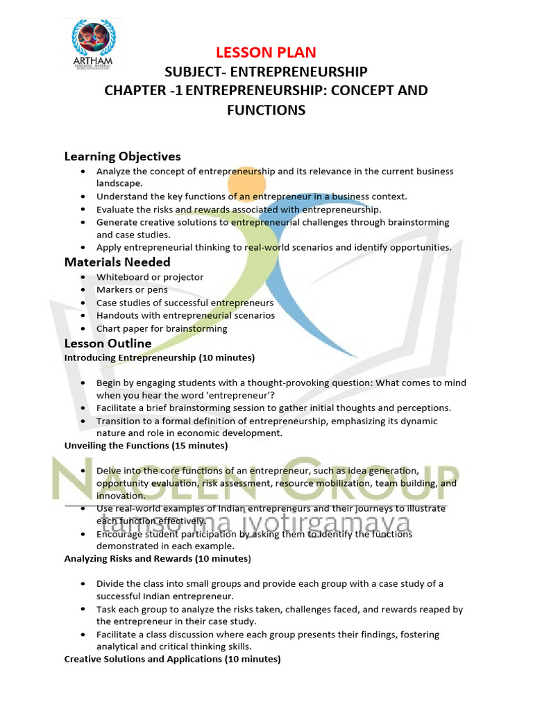 CLASS 11 LESSON PLAN ENTREPRENEURSHIP CHAP 1 | PDF | Entrepreneurship ...