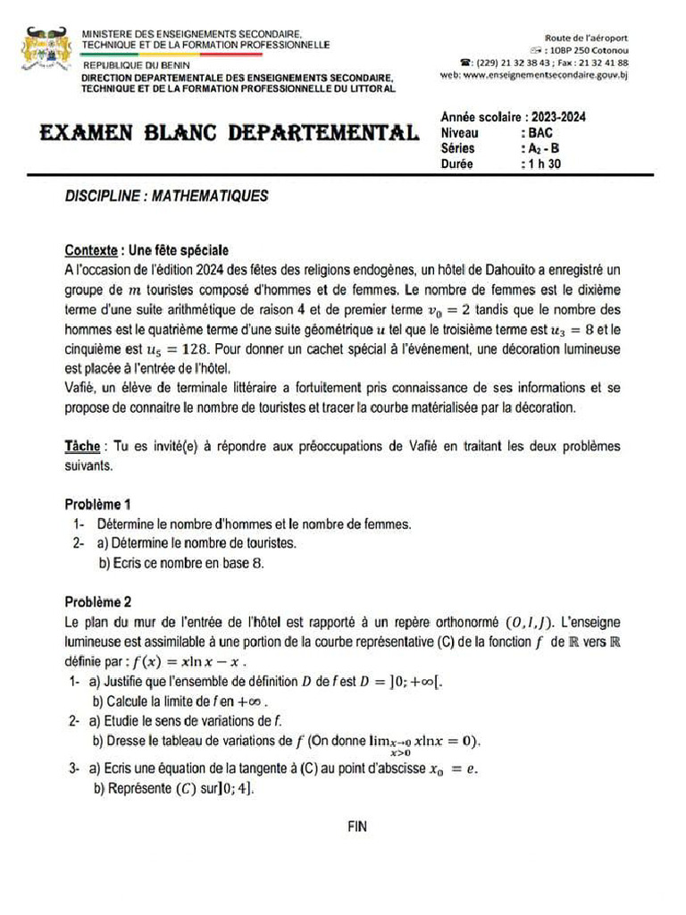 Bac Blanc 2024 Mathematiques Serie A2-B Departemental Du Littoral | PDF