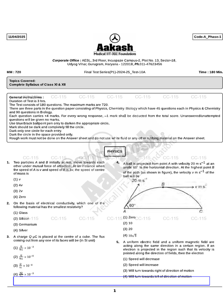 FTS 10 CODE A Viju PHASE 1 QUE @CET - JEE - NEET | PDF