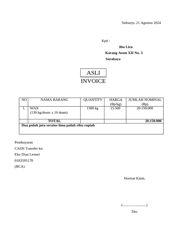 Invoice 15 Agustus | PDF