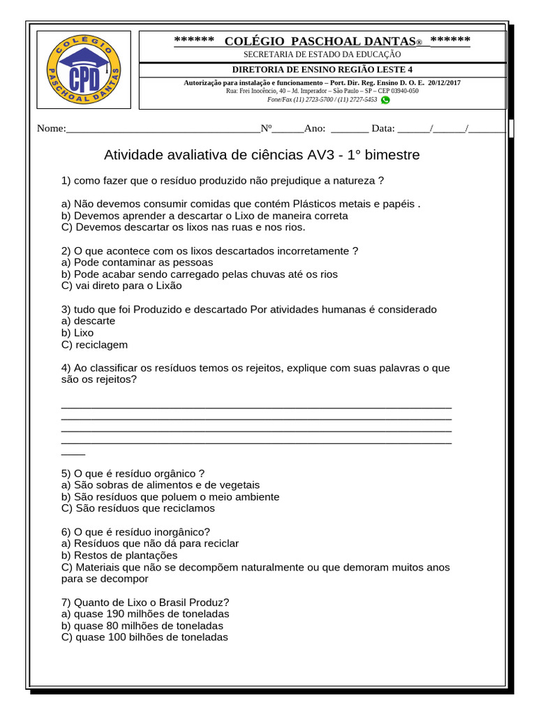 PROVA de Ciencias 5 Ano Av3 1 Bimestre | PDF | Desperdício | Reciclagem