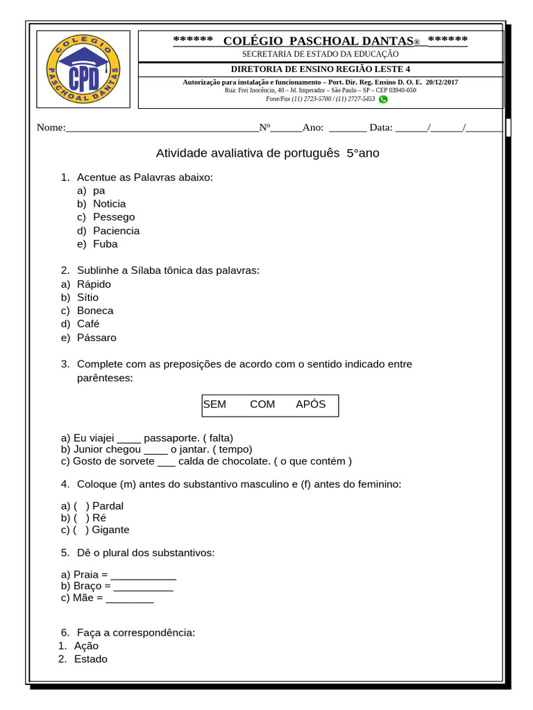 Prova de Portugues 5 Ano Av3 1° Bimestre | PDF